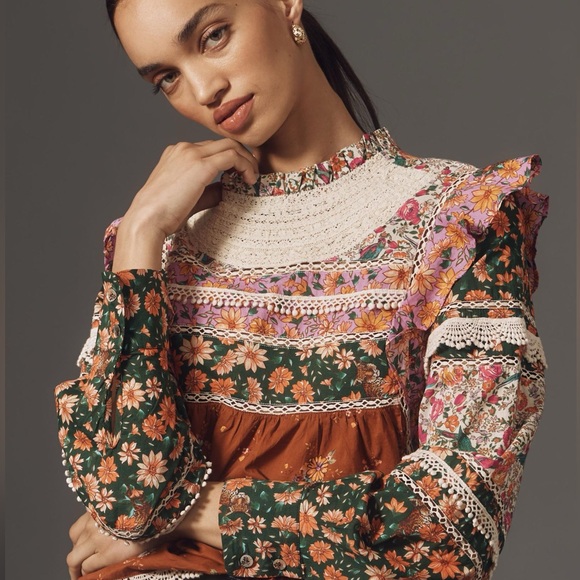 FARM Rio | Tops | Farm Rio Lace Bib Ruffle Blouse Size Small Like New ...